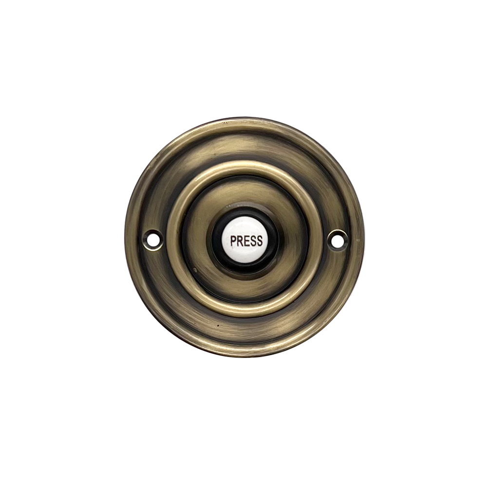 Wired Flush Fitting Push Button , Antique Brass PVD,, 76mm diam. Model