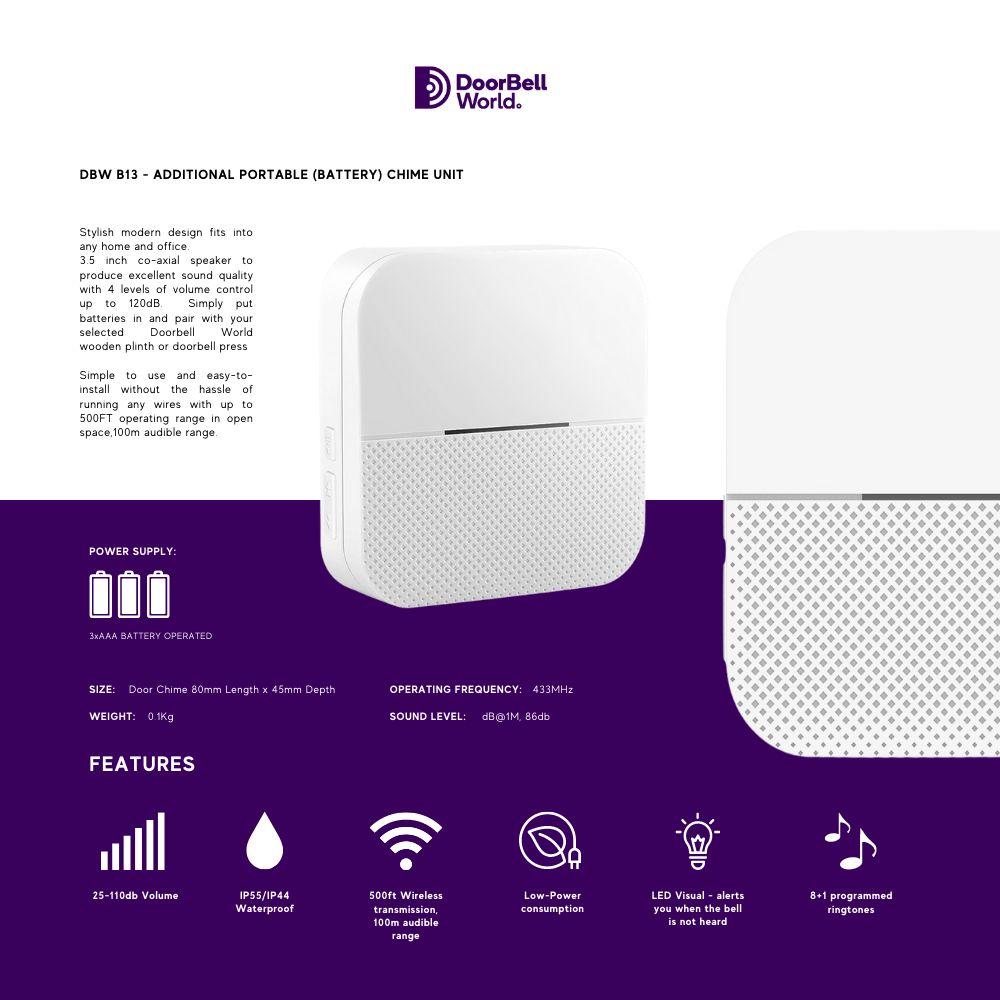 Doorbell World additional Portable (Battery) Chime Unit. No bell push