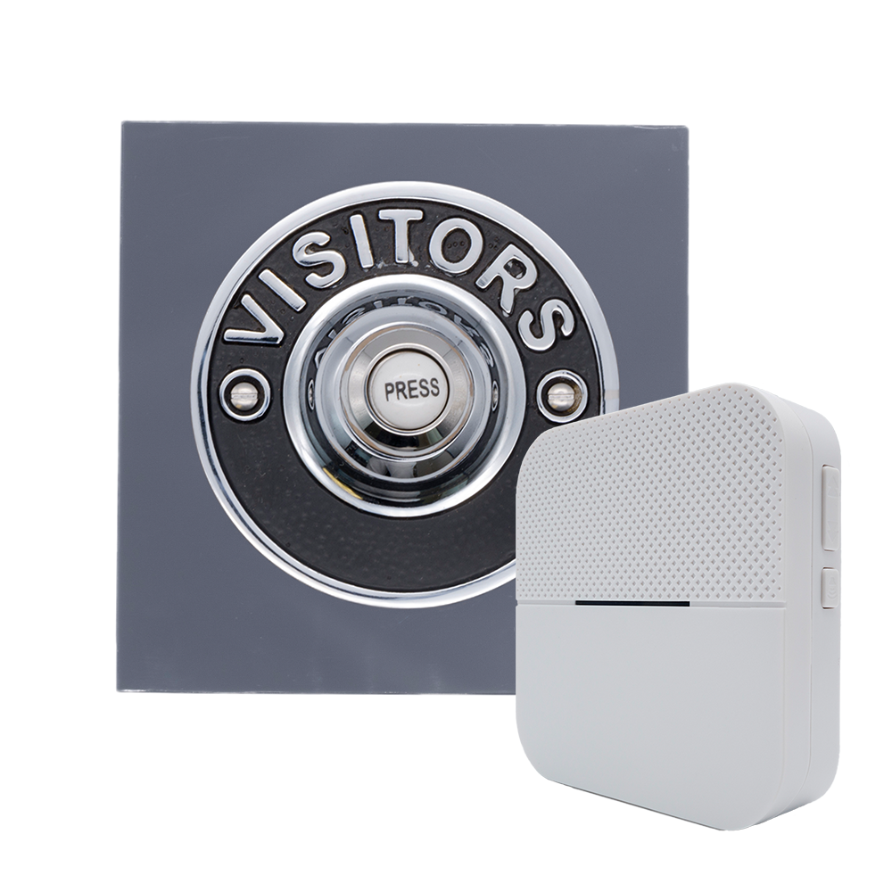 Modern Wireless Doorbell - Stylish Grey Square Perspex Plinth and VISI