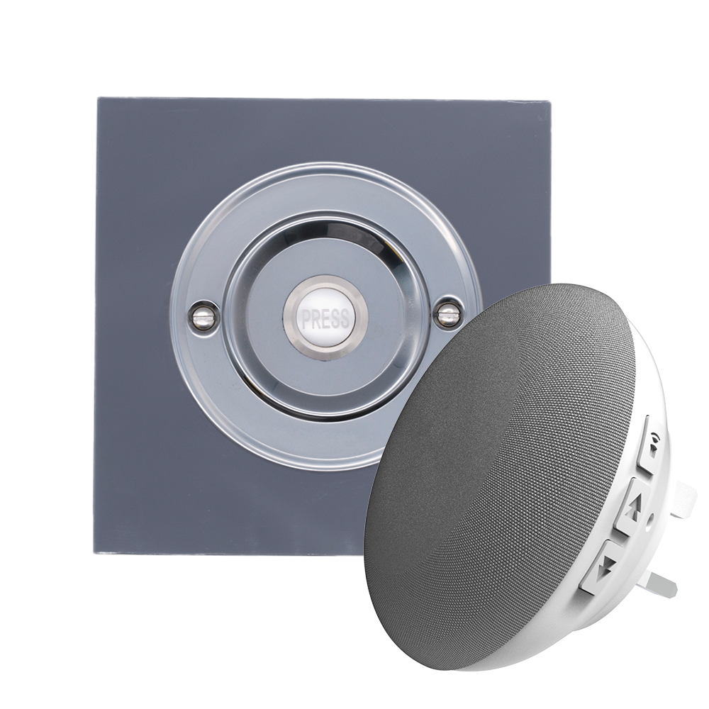 Modern Wireless Doorbell - Stylish Grey Square Perspex Plinth and Brus