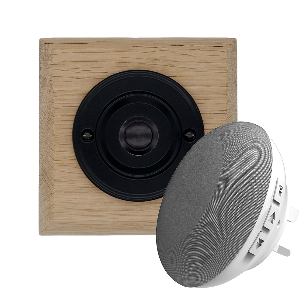 Modern Wireless Doorbell - Stylish Natural Square Wooden Plinth and Bl