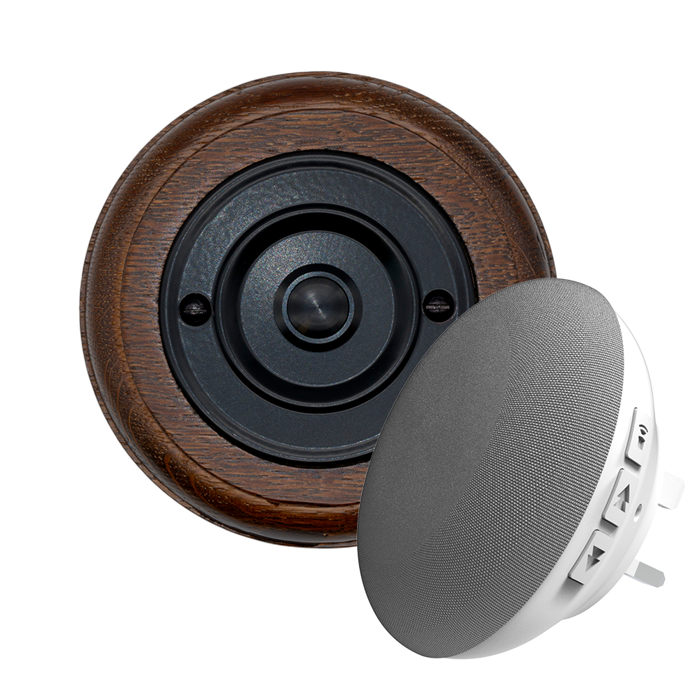 Modern Wireless Doorbell - Stylish Tudor Round Wooden Plinth and Black